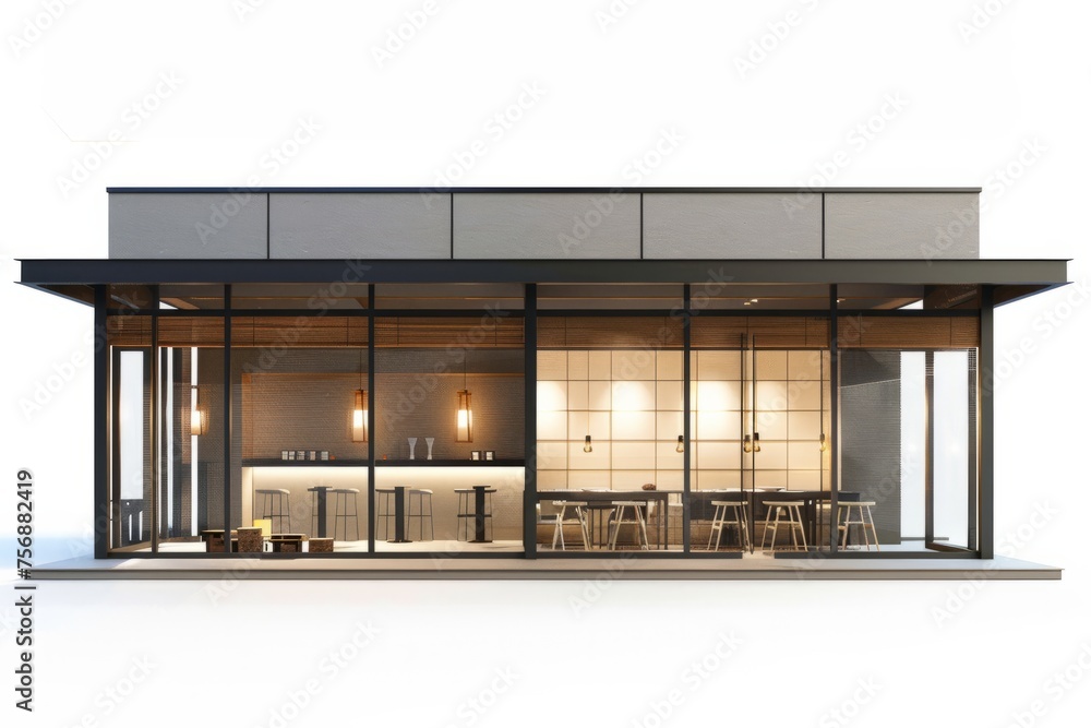 Contemporary sushi bar with sleek glass windows and a minimalist facade ...