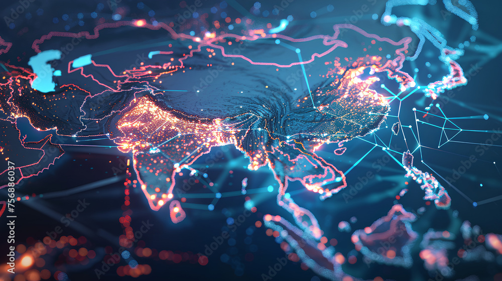 Digital map of Asia, concept of global network and connectivity, data ...