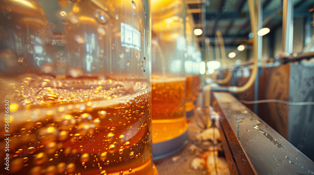 A detailed view of a large bioreactor tank filled with bubbling liquid ...
