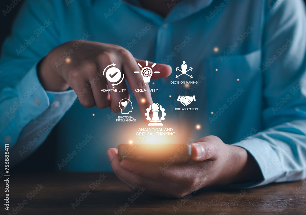 Soft skills HR concept. Business man with icons of soft skills ...