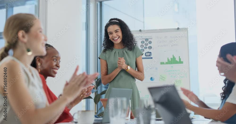 Clapping hands, presentation and business people in office for creative ...