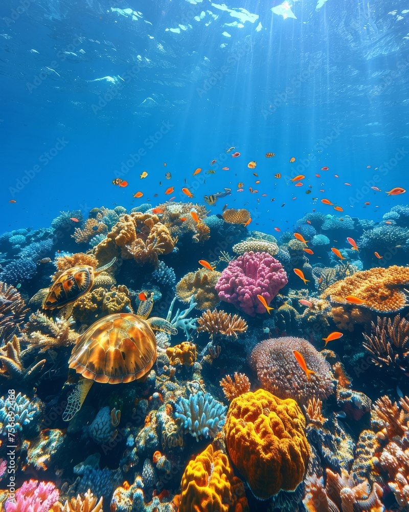 Colorful coral reef with abundant marine life including sea turtles and ...