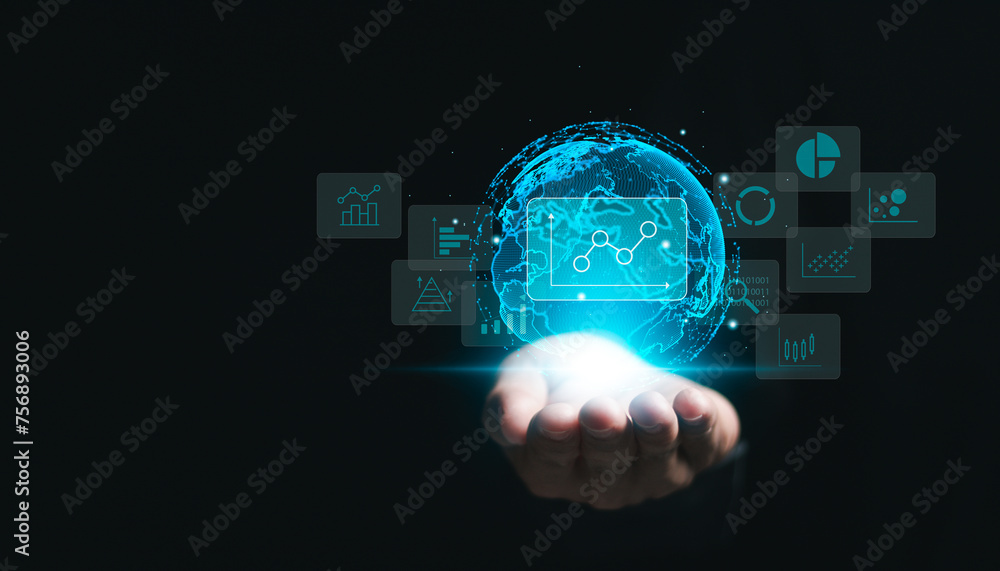 KPI Business analytics concept. Businessman holding globe with data analytics report and key ...