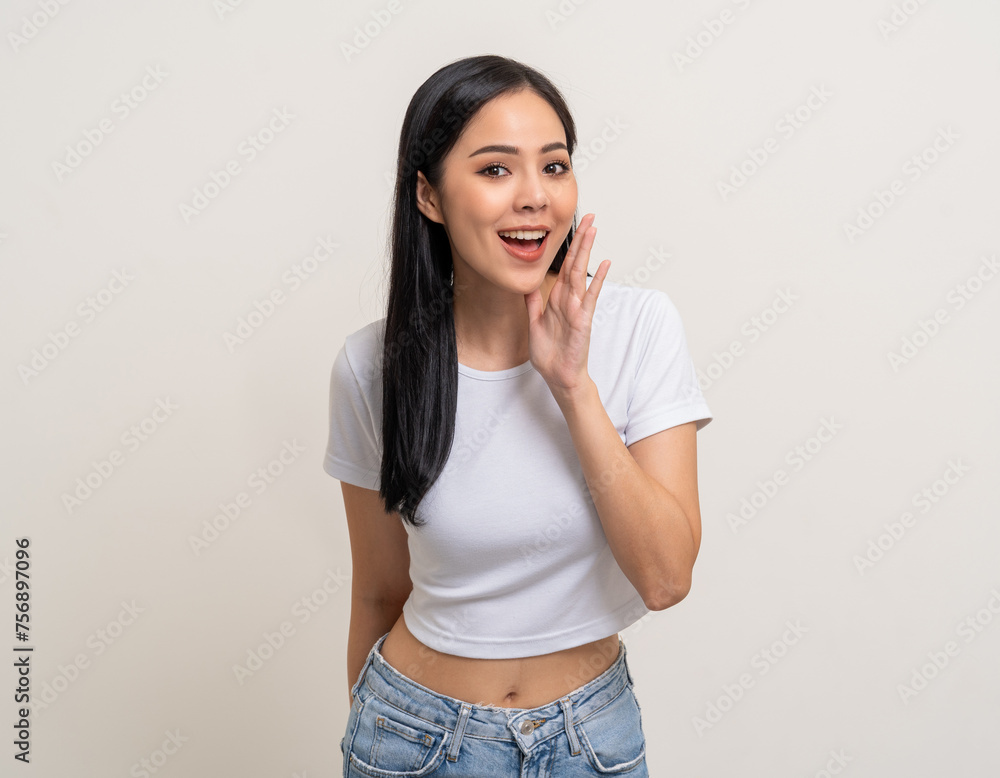 Wow Happy beautiful young asian woman excited pretty girl shout out ...