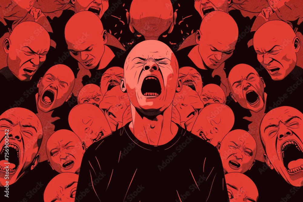 A bald man is in the center of an angry crowd. He has his hands on his ...