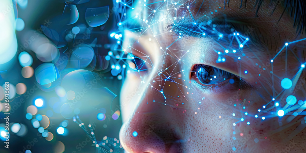 Artificial intelligence head, human face integrated with future ...