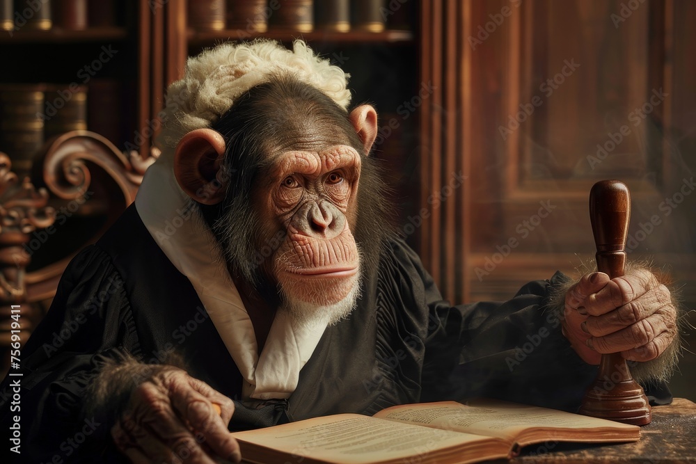 a monkey wearing a robe and a wig, judging a court case and banging a ...
