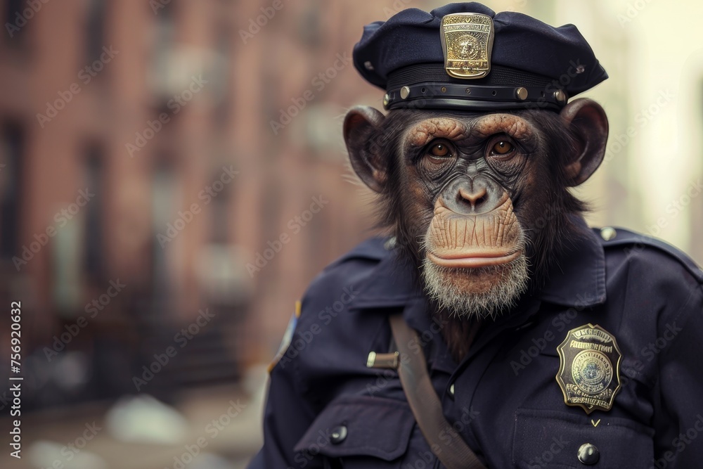 a monkey wearing a uniform and a badge, patrolling the streets and ...