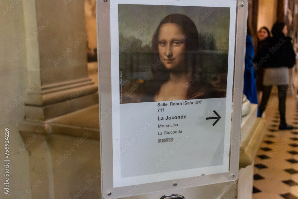 Paris, France, November 9, 2023: Directional sign to the Mona Lisa at ...