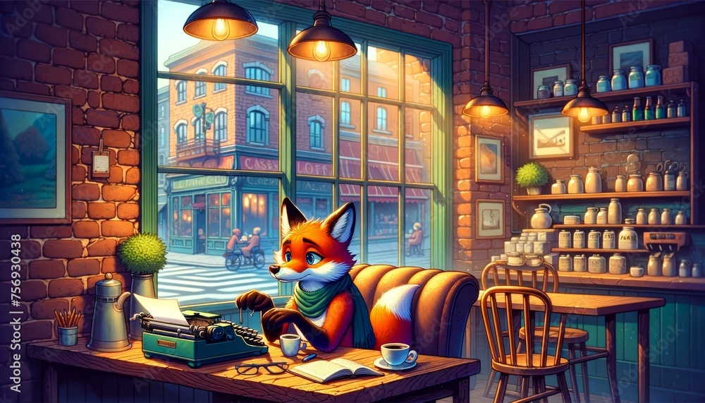 An image in the style of a calm and vibrant cartoon, depicting a fox ...