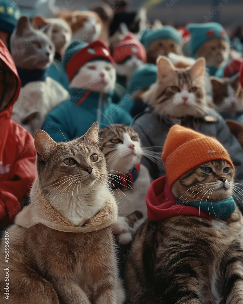 Diverse feline faces in a crowd of cats. A whimsical image capturing a ...