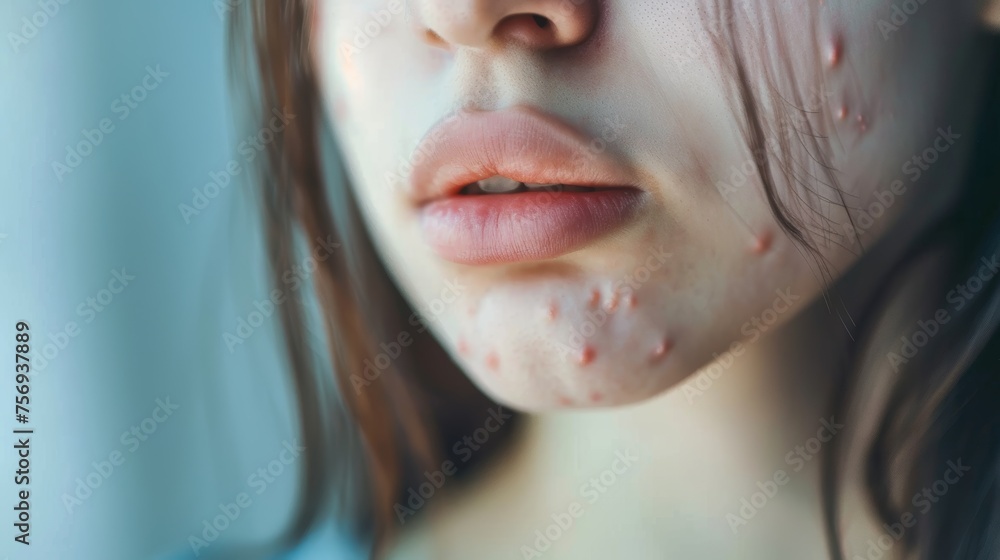 acne on woman face with rash skin, scar, and red skin syndrome allergic ...
