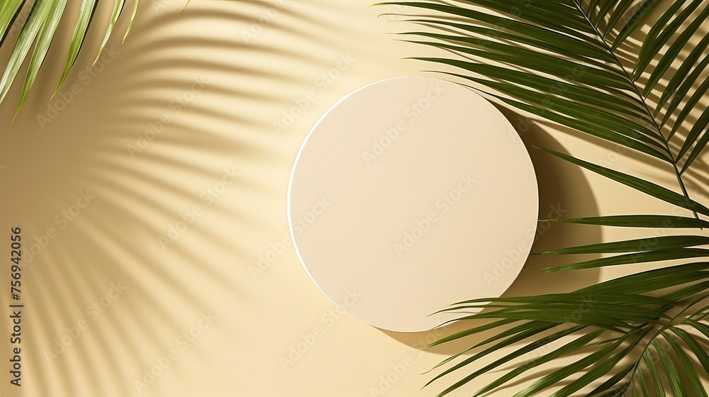A circle casting a shadow from a palm leaf on a stylish bright ...