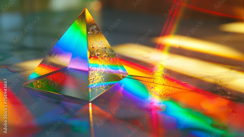 Pyramid-shaped crystal prism on a colorful background with light ...