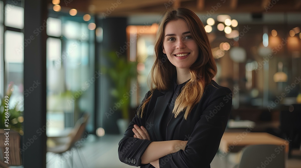 Young smiling businesswoman standing with arms crossed in a modern ...