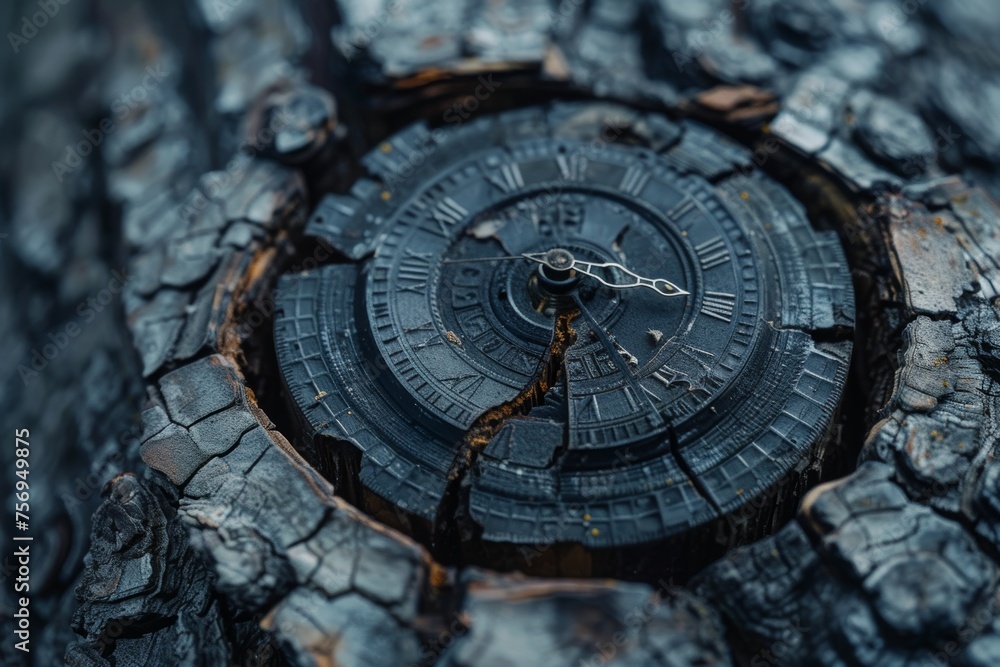 Vintage clock embedded in charred wood, symbolizing the relentless ...