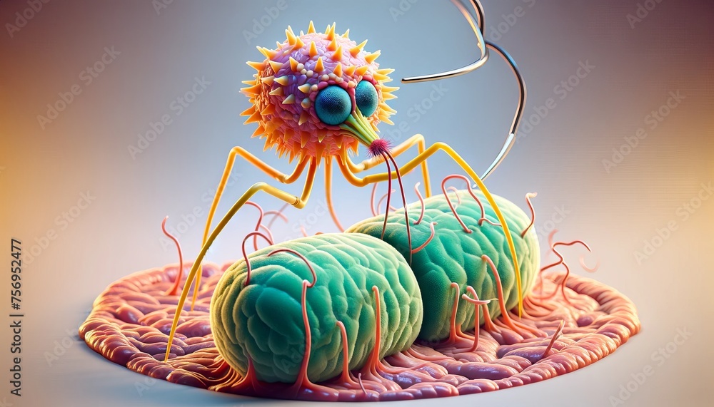 A whimsical animated art image of a bacteriophage attaching to a ...