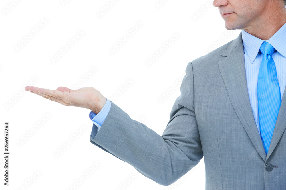 Businessman, hands and palm with advertising for marketing or ...