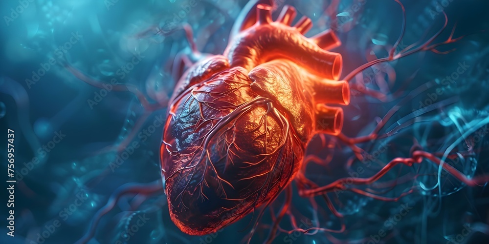 Anatomy illustration focus on intricate heart structure in circulatory ...