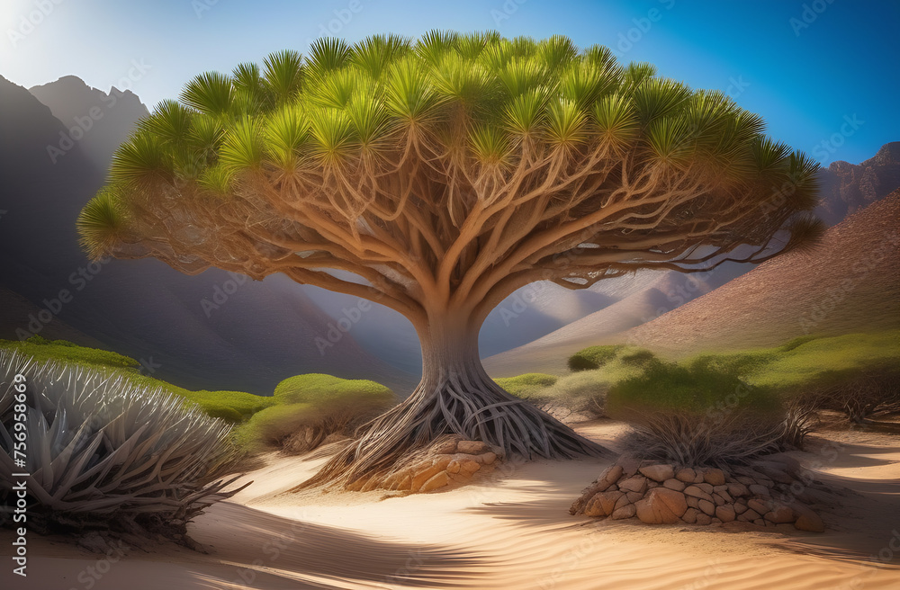 One beautiful Socotra Dragon Tree at sunset. Dragon blood tree with ...