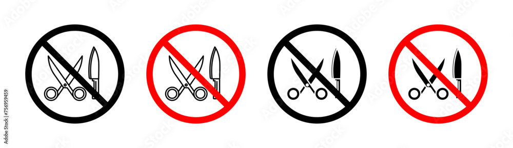 No Scissors or No Knives Sign Vector Illustration Set. Cut Caution Sign ...