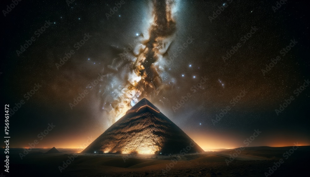 A night-time image showcasing the Great Pyramid of Giza under the clear ...