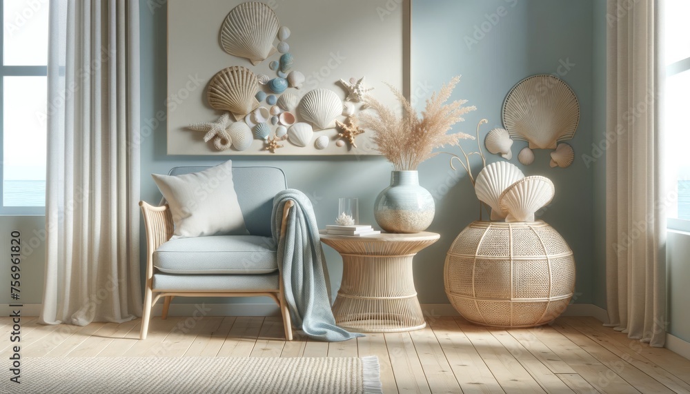 The image depict a beach-themed corner inspired by modern coastal ...