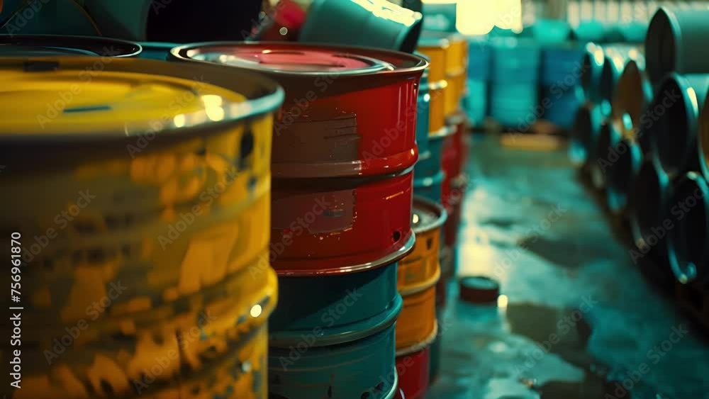 An upclose shot of a storage area filled with drums of hazardous ...