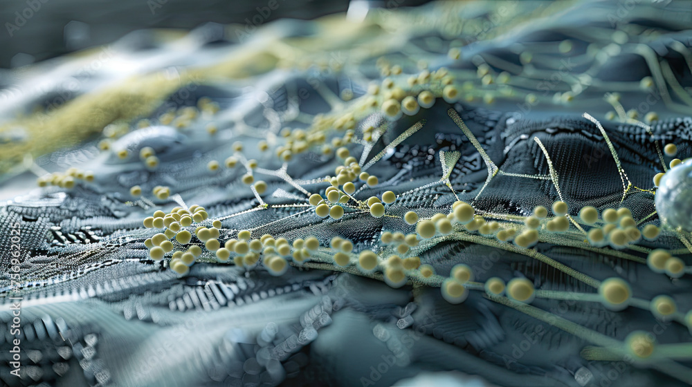 3D visualization of mildew spores germinating on fabric, emphasizing ...