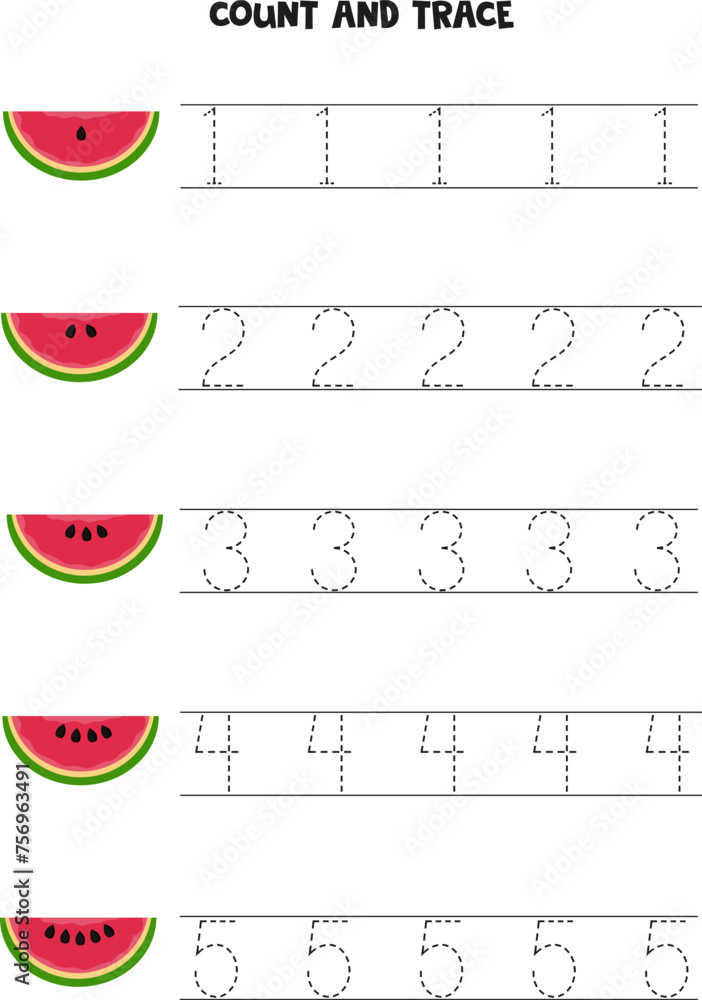 Count watermelon seeds. Trace numbers 1-5. Worksheet for kids. Stock ...