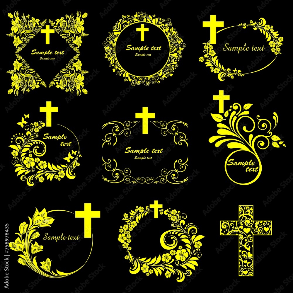 Cross icons set. Obituary notice - art deco frames with cross ...