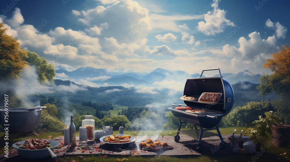 Grilled meat on barbecue grill in the nature. Cooking food on a ...