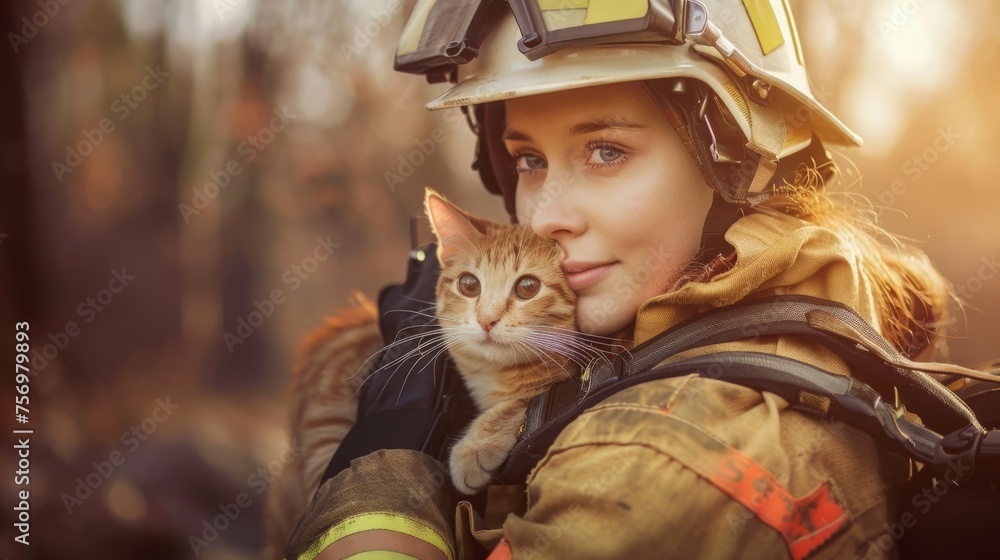 Female firefighter tenderly holding a ginger cat, a portrayal of rescue ...