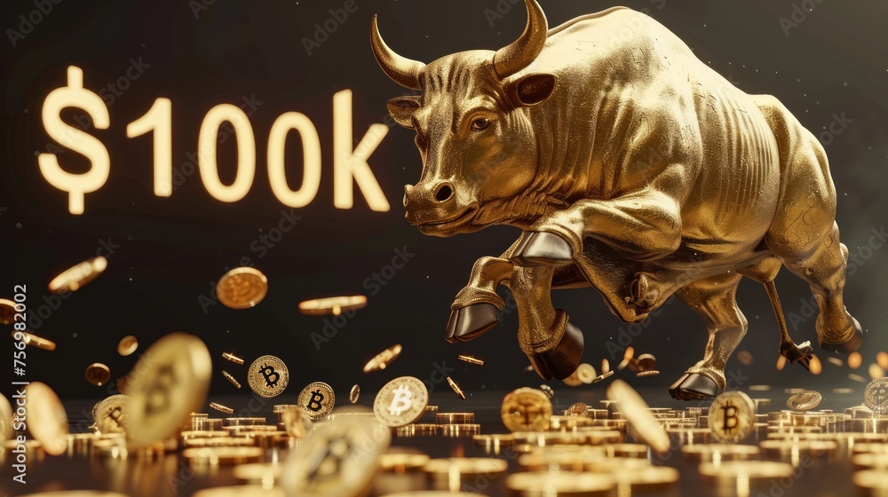 Bitcoin BTC with golden bull and coins scattered on the ground. Bullish ...