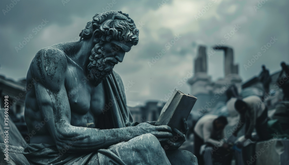 An ancient sculpture of a thinker with a book in his hands against the ...