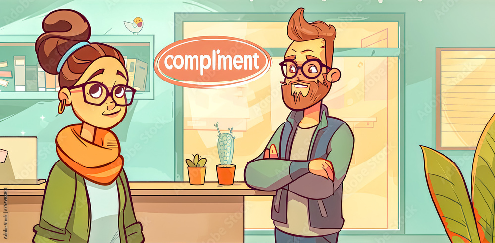 Smiling man gives a compliment to his female colleague in a warm ...