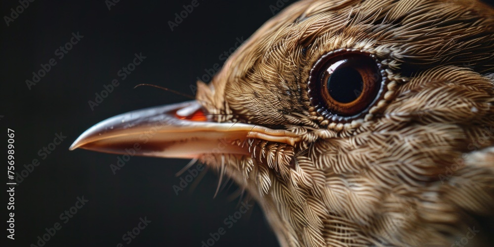 Bird's face is shown in detail, with its beak and feathers visible ...