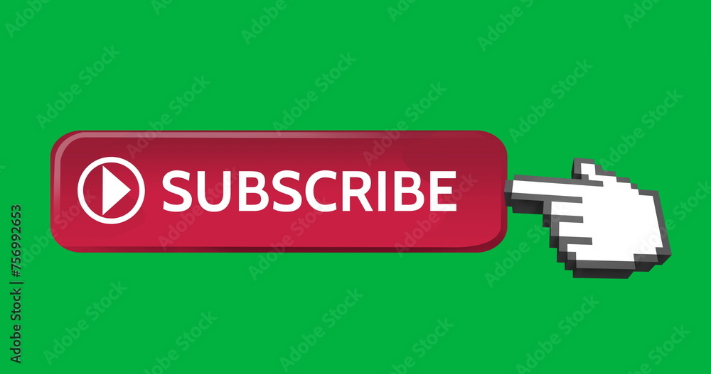 4K digital image of a red subscribe button with moving hand icon on ...