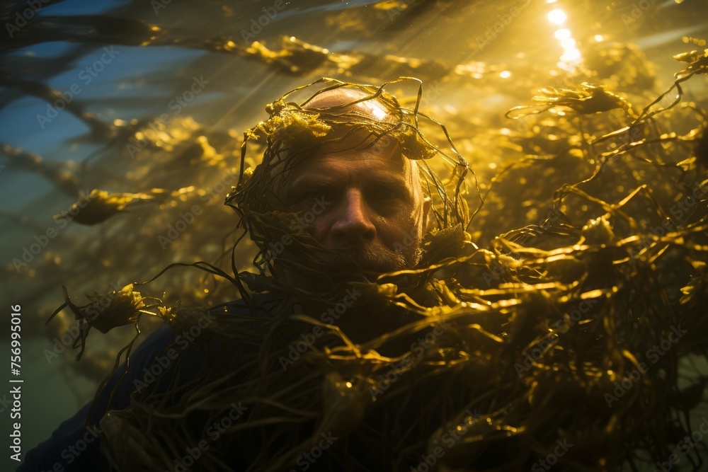 A middle-aged man submerged in a kelp forest, his face illuminated by ... A middle-aged man submerged in a kelp forest, his face illuminated by ...