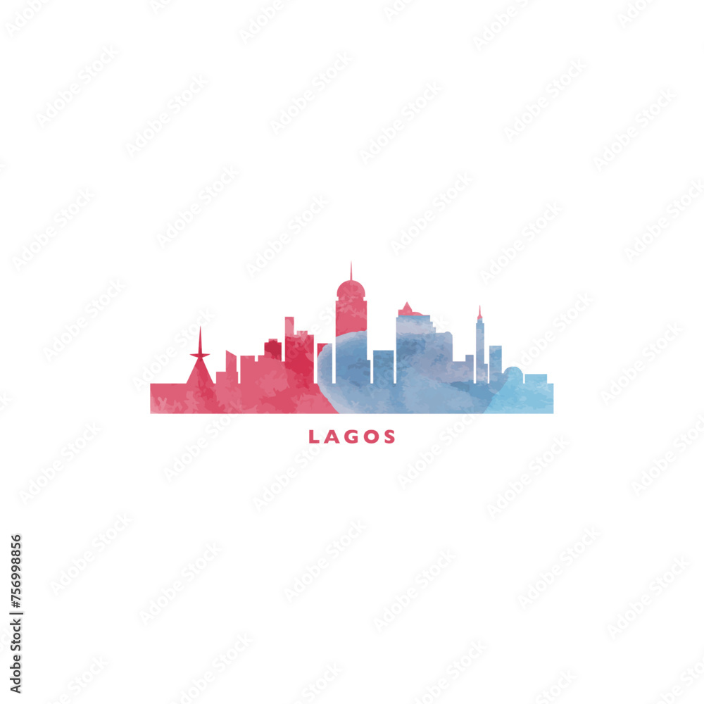 Lagos city watercolor cityscape skyline, panorama vector flat modern ...
