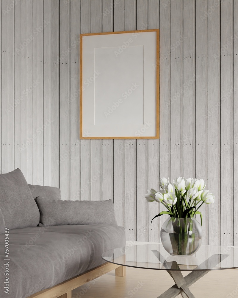 Empty interior frames on white wooden wall inside room with sofa. and a ...