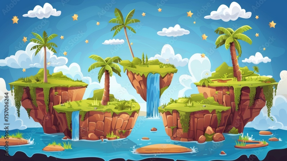 Level map on sky background with floating islands. Modern cartoon ...