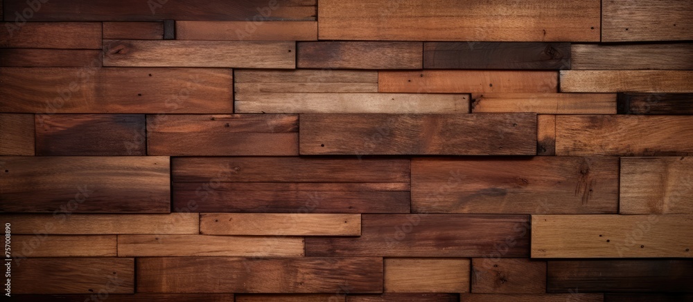 A closeup of a brown hardwood wall made of rectangular wooden blocks ...