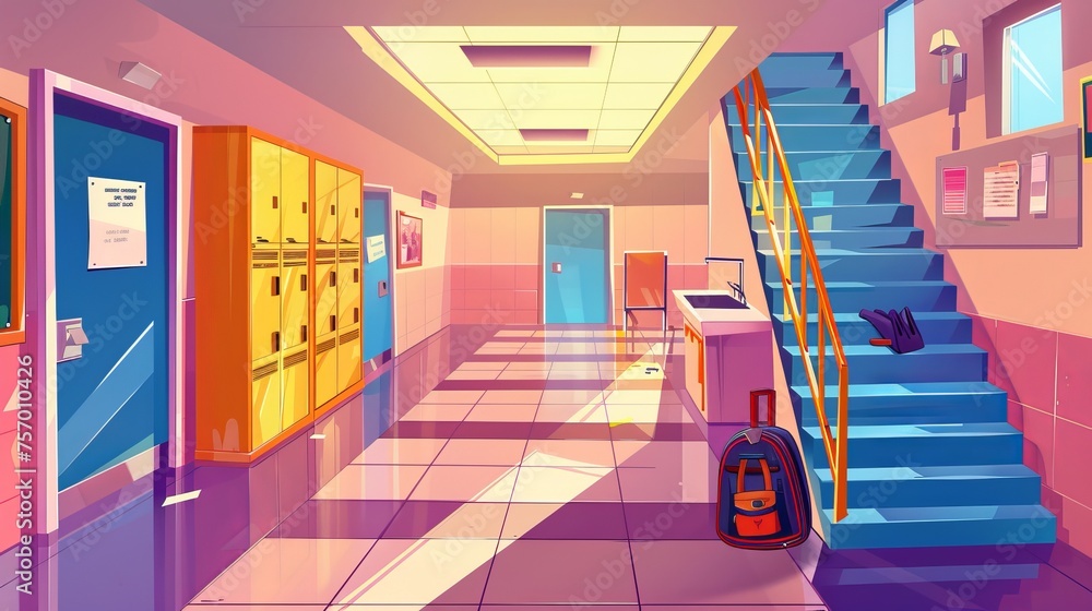 Detailed cartoon illustration showing an empty school hallway with ... Detailed cartoon illustration showing an empty school hallway with ...