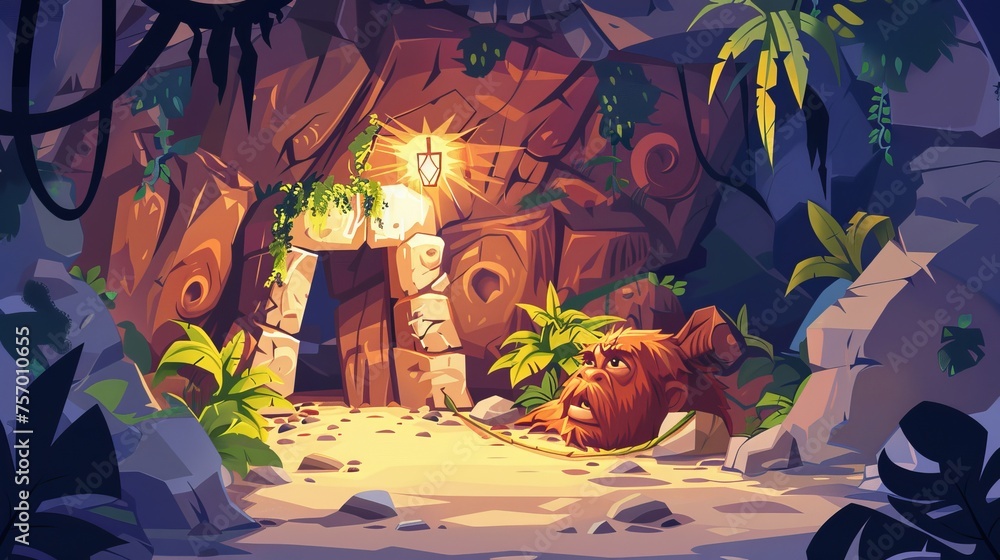 Caveman painting on stone walls of a prehistoric cave. Illustration of ...