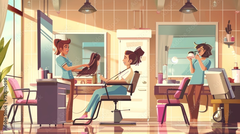 Cartoon modern hairdresser at work with furniture and cosmetic. Modern ...