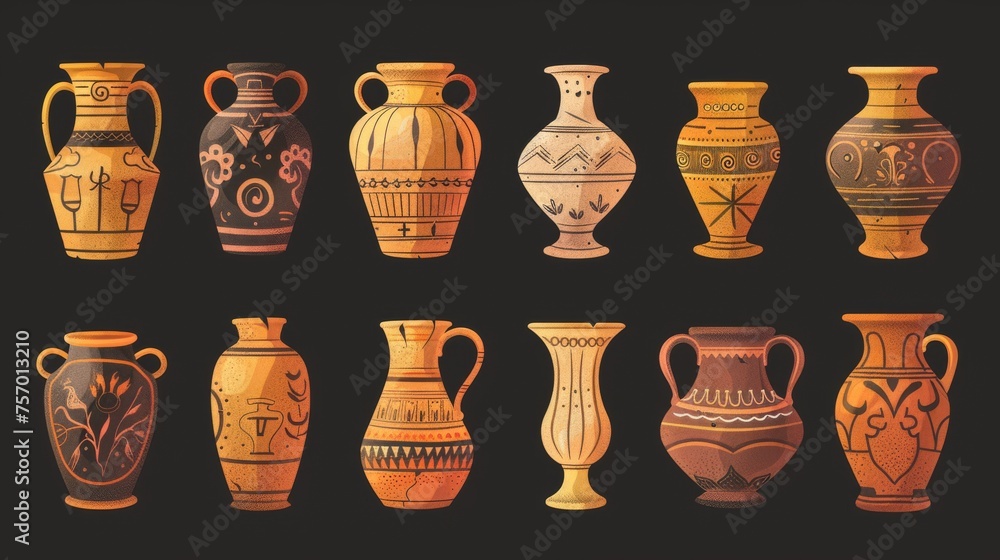 An ancient vase set is isolated on a black background. A cartoon ...
