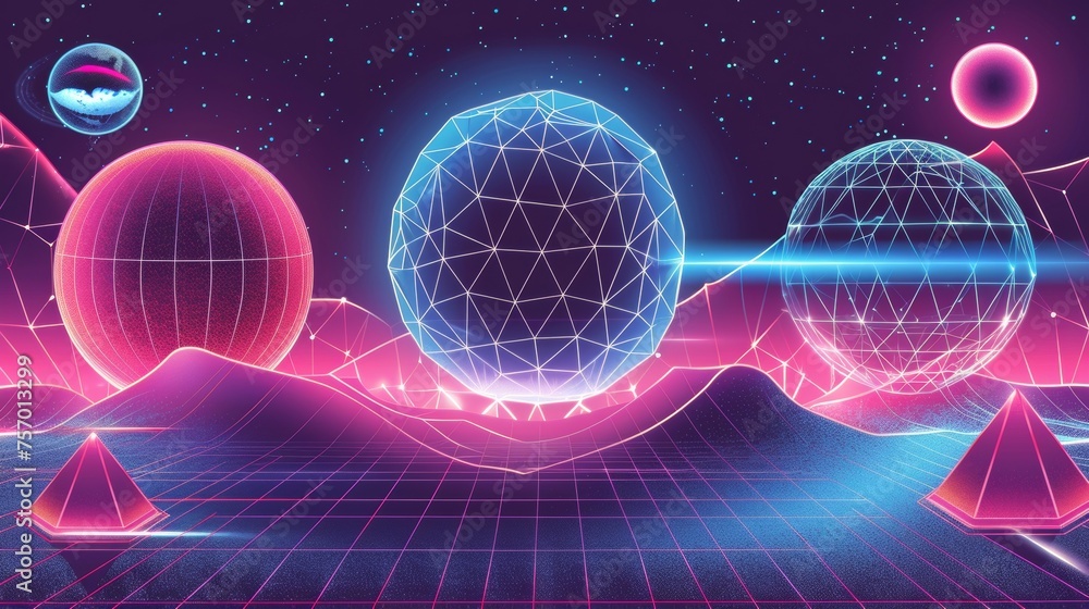 Y2K retro wave poster set with 3D wireframe globes, torus, and diamond ...