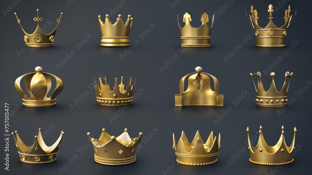 In different angles, a golden king's crown. Game item of treasure or ...