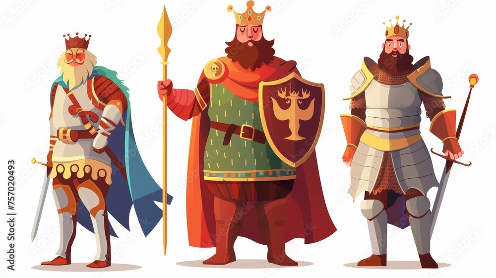 The profile of a medieval king and knight is shown isolated on a white ...